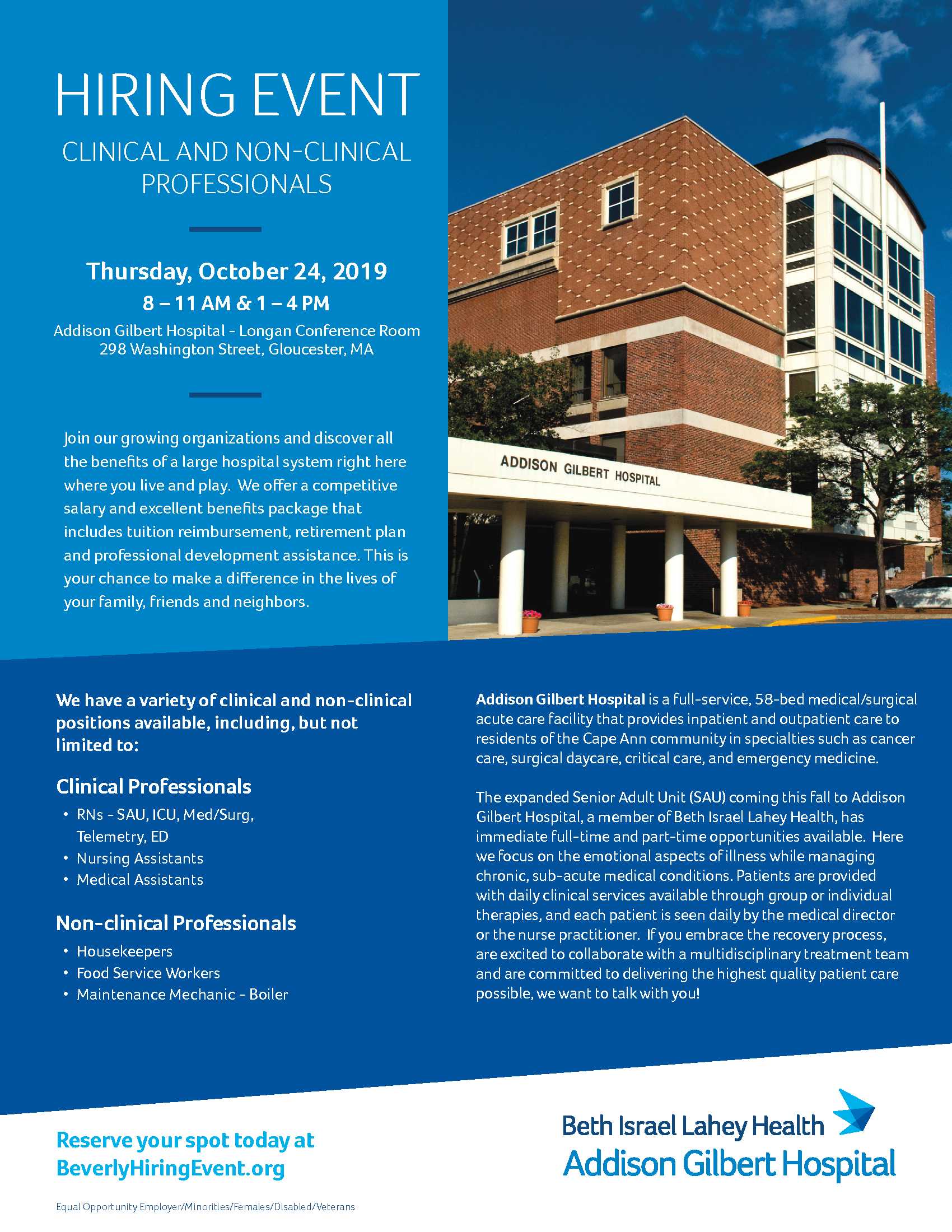 Addison Gilbert Hospital Hiring Event – October 24th – Cape Ann Wellness